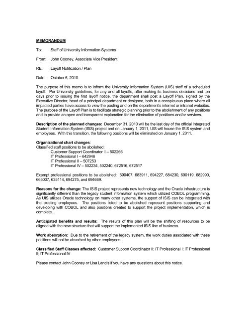 MEMORANDUM To: Staff of University Information Systems From ...