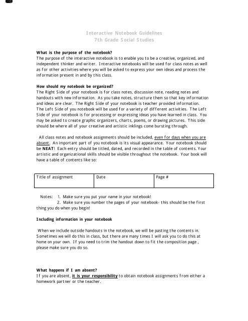 Interactive Notebook Guidelines 7th Grade Social Studies