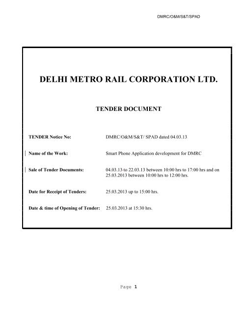 NOTICE INVITING TENDER - Delhi Metro Rail Corporation