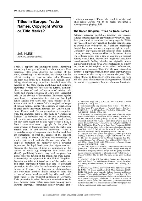 Titles in Europe: Trade Names, Copyright Works or Title Marks?