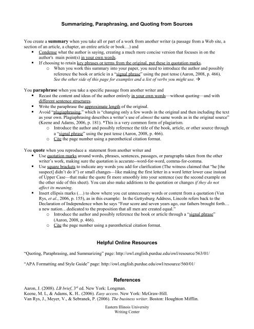 Summarizing, Paraphrasing, and Quoting from Sources Summarizing, Paraphrasing, and Quoting from Sources