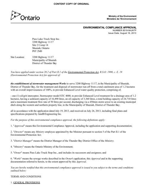 ENVIRONMENTAL COMPLIANCE APPROVAL Pass Lake Truck ...