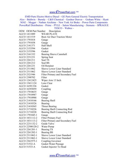 OEM Part Number - PowerRail Distribution