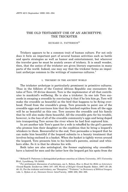 The Old Testament Use of an Archetype: The Trickster