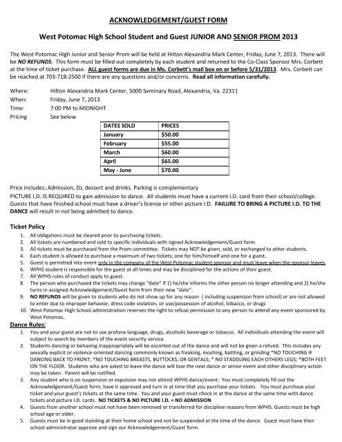 Student and Guest Acknowledgement Form for 2013 PROM
