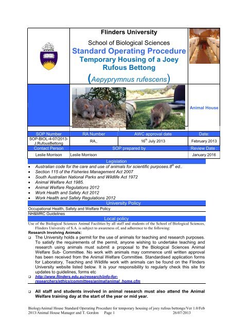 Standard Operating Procedure Temporary Housing of a Joey ...