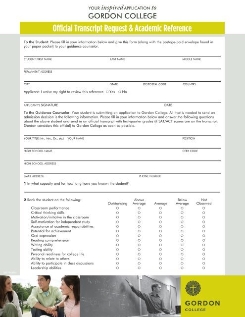 Official Transcript Request & Academic Reference - Gordon College