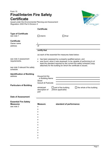 Final/Interim Fire Safety Certificate - Gosford City Council