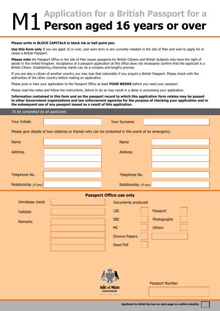 Passport application form M1 - Isle of Man Government