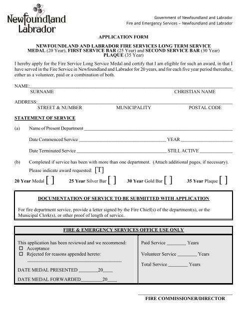 Appendix DD: NL Firefighter Long Service Medal Application Form