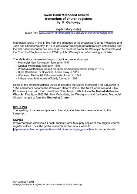 Swan Bank Methodist Church transcripts of church registers by P ...