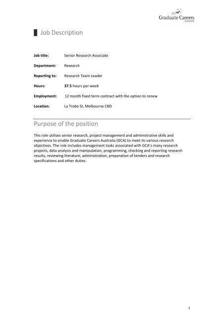 Job Description Purpose of the position - Graduate Careers Australia