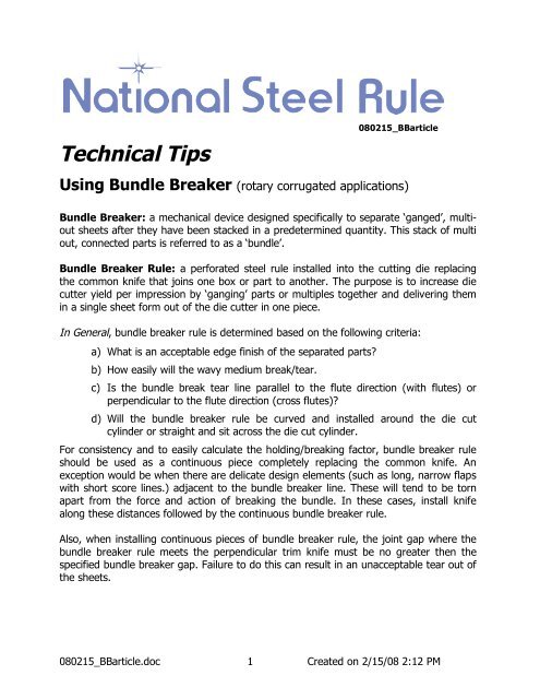 Bundle Breaker Info - National Steel Rule