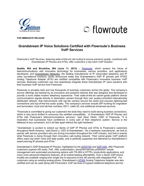 Grandstream IP Voice Solutions Certified with Flowroute's Business ...