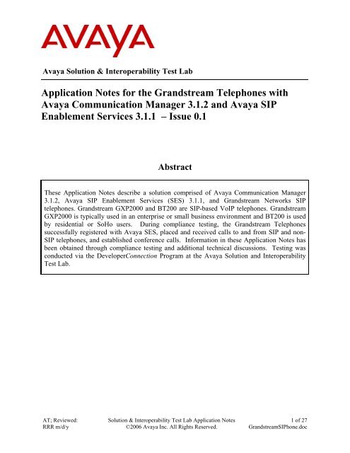 Application Notes For The Grandstream Telephones With Avaya