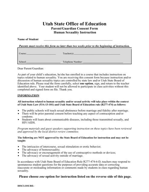 Human Sexuality Parent Consent Form - USOE
