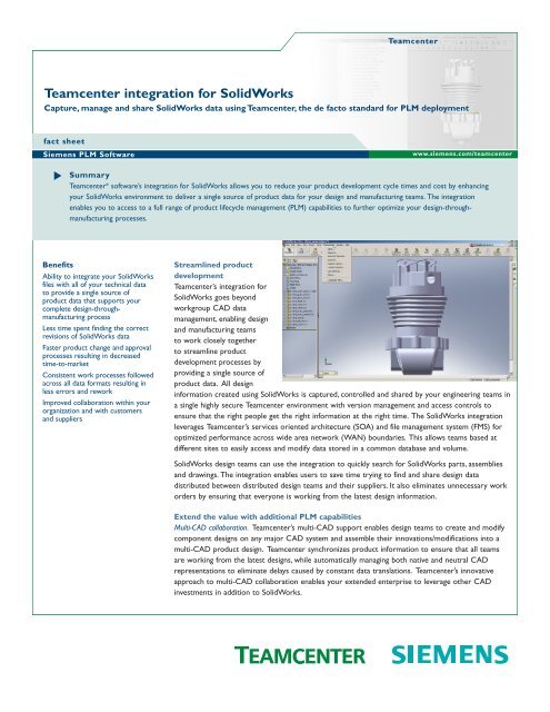 Teamcenter Integration for SolidWorks fact Sheet