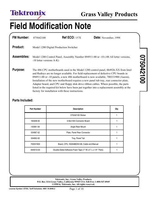 Field Modification Note - Grass Valley