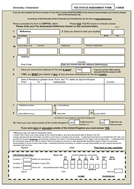 University of Greenwich CLEARING – FEE ASSESSMENT FORM