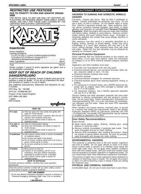 Insecticide RESTRICTED USE PESTICIDE KEEP ... - Greenbook.net