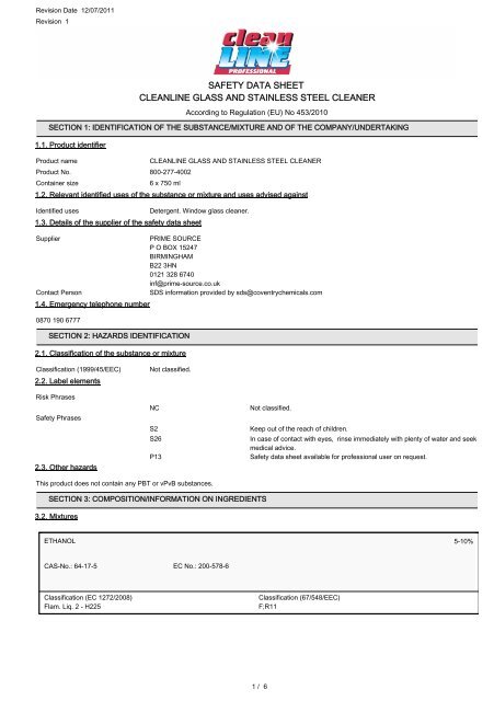 safety data sheet cleanline glass & stainless steel cleaner - Lyreco