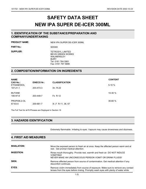 safety data sheet new ipa super de-icer 300ml - Greenham
