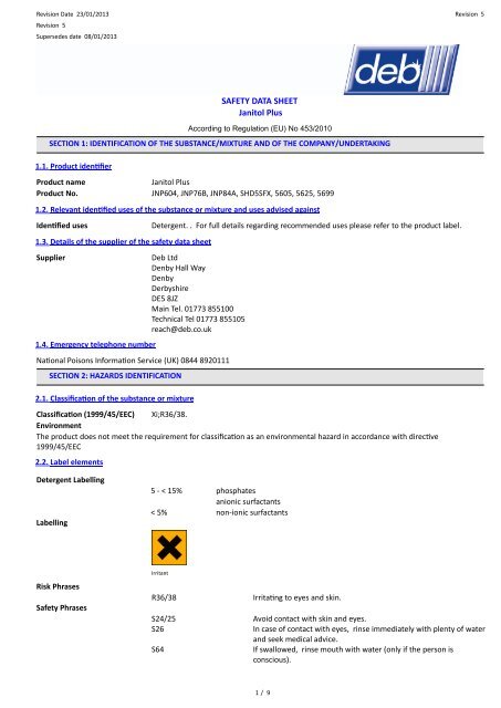 SAFETY DATA SHEET Janitol Plus - Farnell