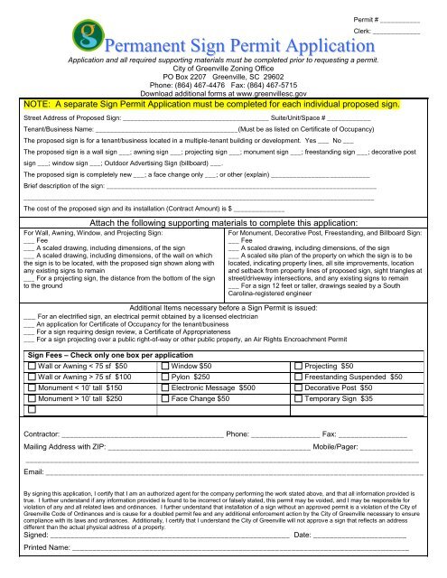 Permanent Sign Permit Application - City of Greenville