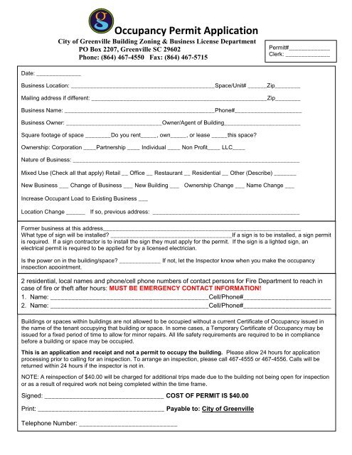 Occupancy Permit Application - City of Greenville