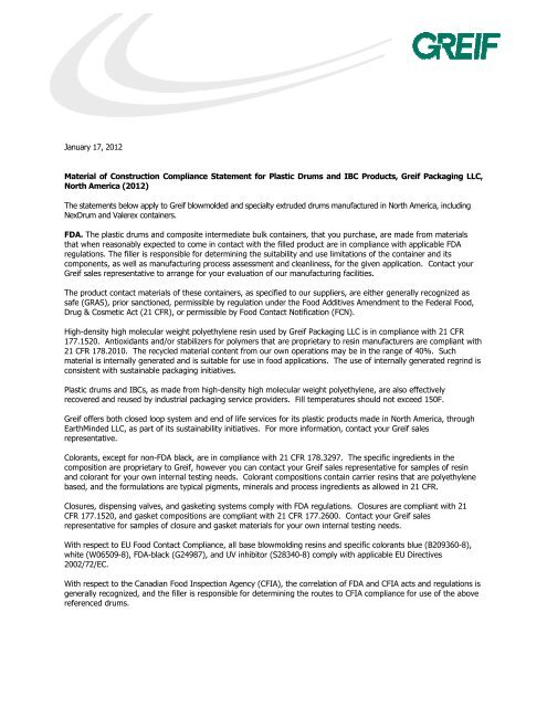 Plastic and IBC Compliance Statement 1-17-12 - Greif