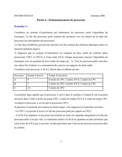 Partie 6 : Ordonnancement de processus Exercice 1