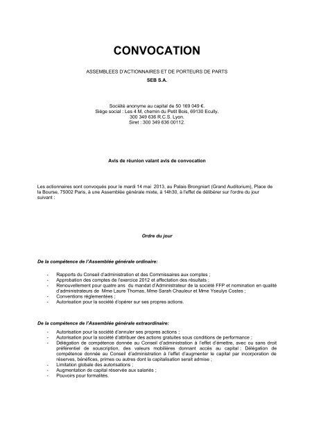 Avis de réunion valant avis de convocation - Groupe Seb