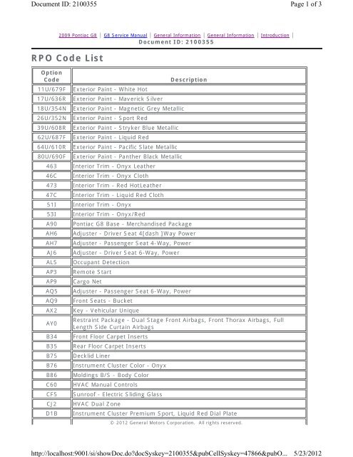 RPO Code List - GRRRR8.net