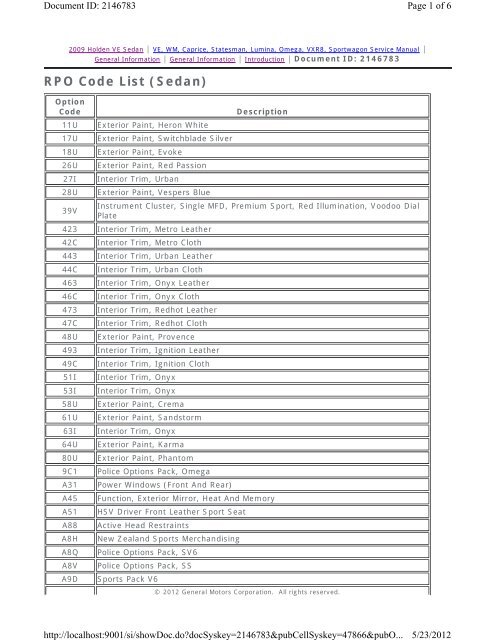 RPO Code List (Sedan) - GRRRR8.net