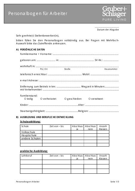 Personalbogen für Arbeiter - Gruber+Schlager