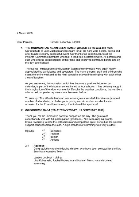2 March 2009 Dear Parents, Circular Letter No. 3 ... - Epworth School