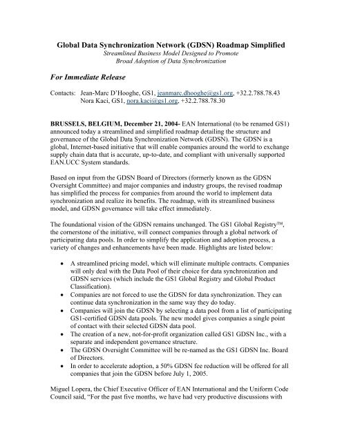 Global Data Synchronization (GDSN) Roadmap Finalized - GS1