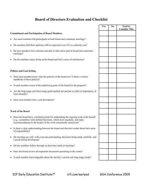 Board of Directors Evaluation and Checklist - GSA