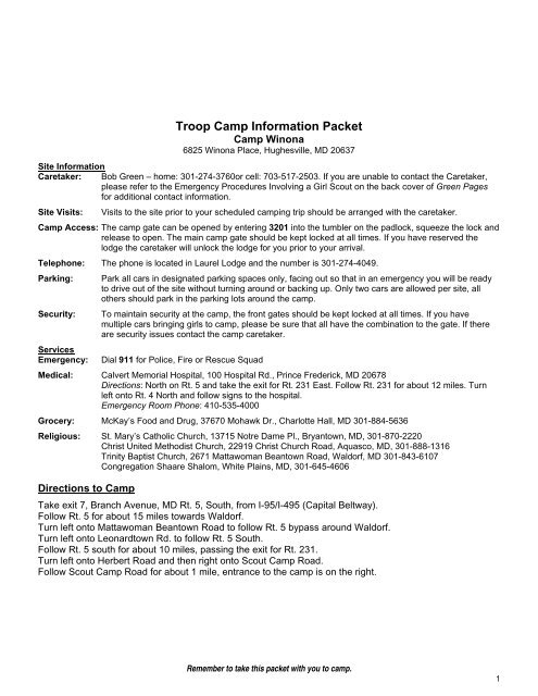 Troop Camp Information Packet - Girl Scout Council of the Nation's ...