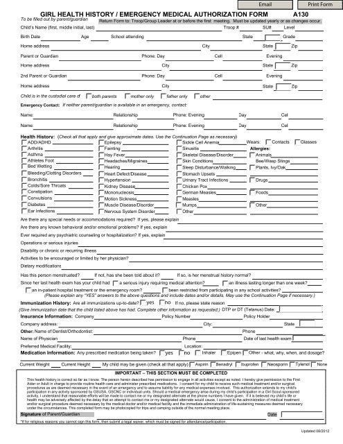 Girl Health History / Emergency Medical Authorization - English