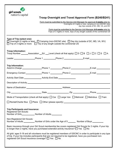 Troop Overnight and Travel Approval Form - Girl Scout Council of ...