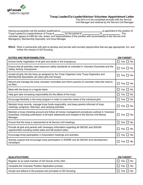 Troop Leader/Co-Leader/Advisor Volunteer Appointment Letter