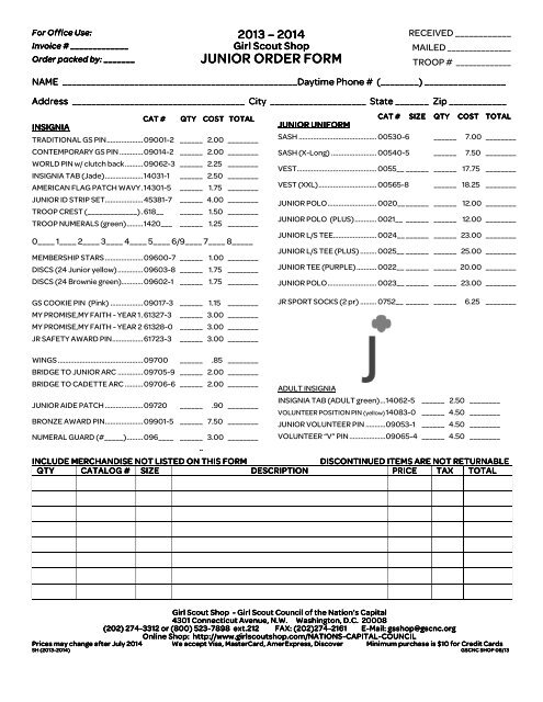 Junior Shop Form - Girl Scout Council of the Nation's Capital