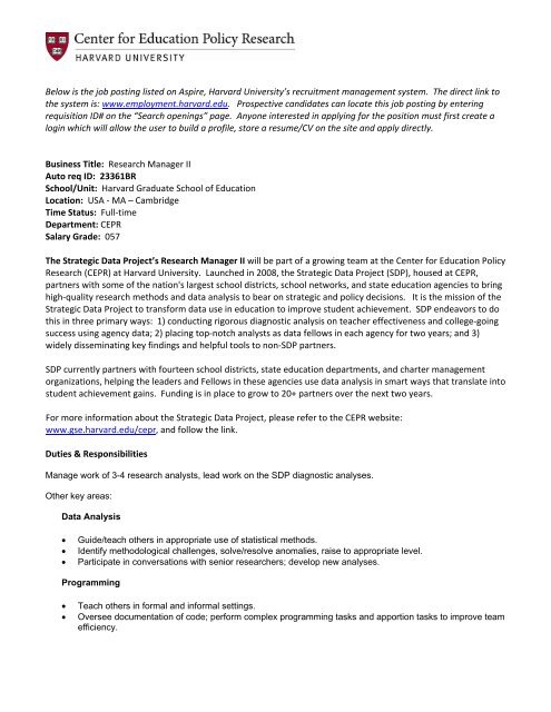 Below is the job posting listed on Aspire, Harvard University's ...