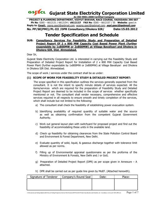 Tender Specification and Schedule - Gujarat Electricity Board