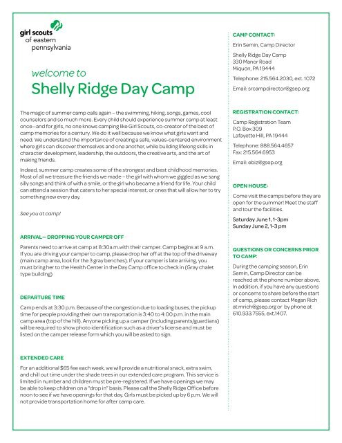 Shelly Ridge Day Camp - Girl Scouts of Eastern Pennsylvania