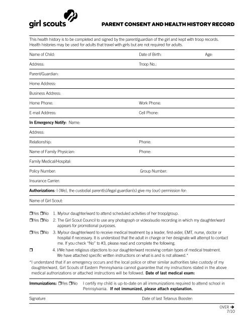 parent consent and health history record - Girl Scouts of Eastern ...