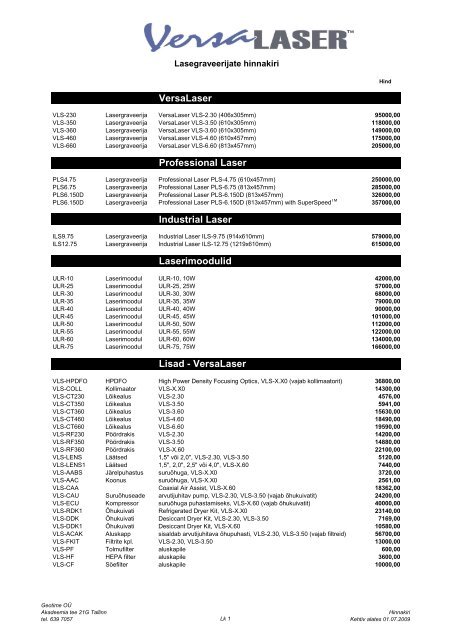 VersaLaser Professional Laser Industrial Laser ... - Geotime