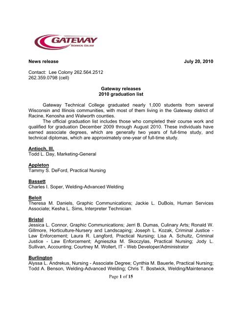 Gateway releases 2010 graduation list - Gateway Technical College