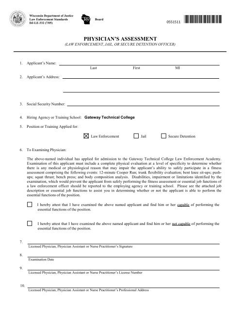 DJLE-332 Physician's Assessment form - Gateway Technical College
